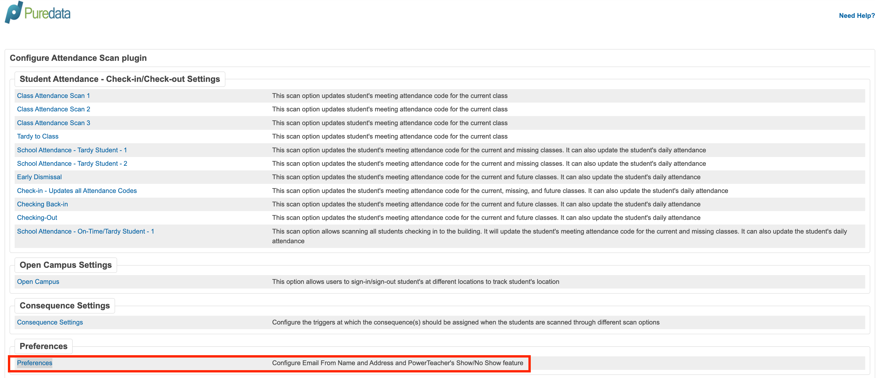 Attendance Scan: Preferences Page – Puredata Support Portal