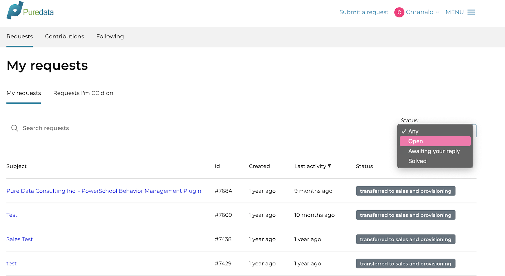 Viewing Tickets Submitted to Puredata Support – Puredata Support Portal